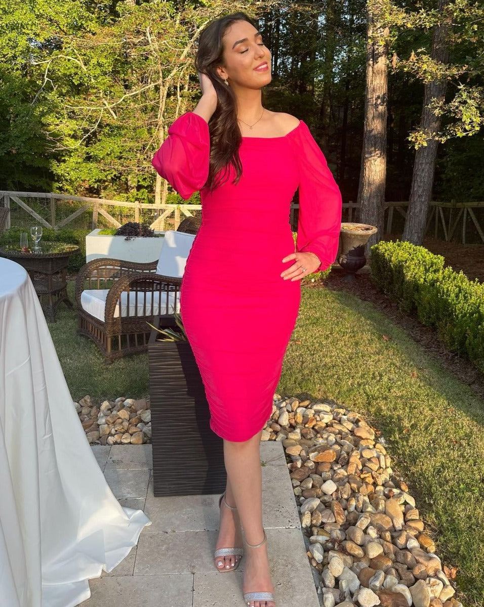 Merokeety Long Sleeve Square Neck Mesh Bodycon Midi Dress Merokeety