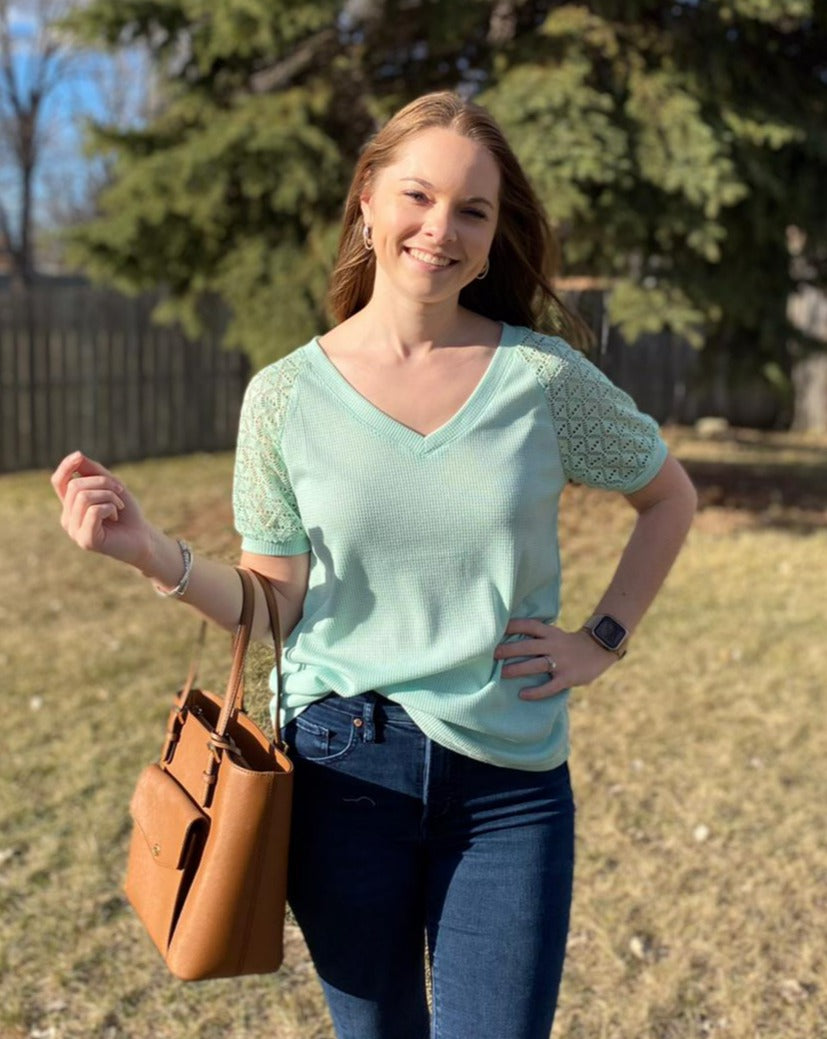 Merokeety V Neck Lace Short Sleeve Waffle Blouse Merokeety