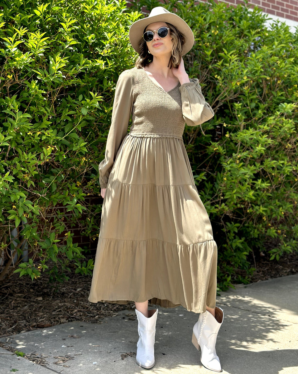 MEROKEETY Long Sleeve V Neck High Waist Tiered Midi Dress – Merokeety