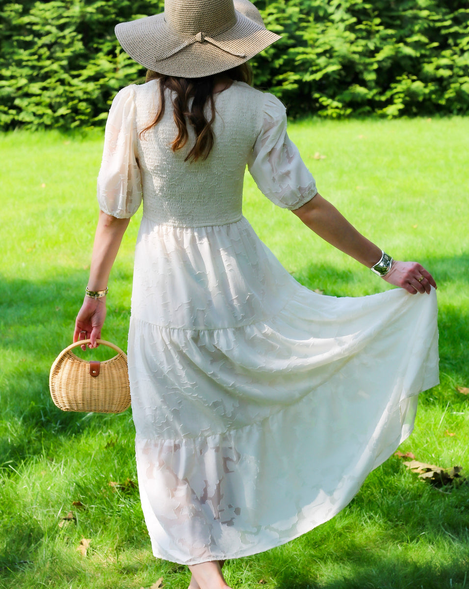 MEROKEETY Puff Sleeve Smocked Floral Lace Midi Dress – Merokeety