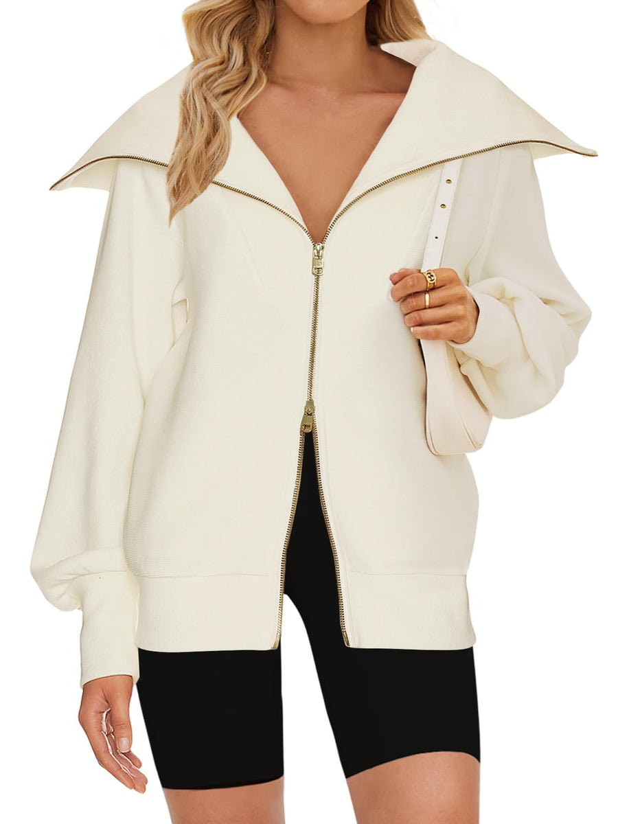 MEROKEETY Long Sleeve Zip Up Lapel Ribbed Sweatshirt – Merokeety