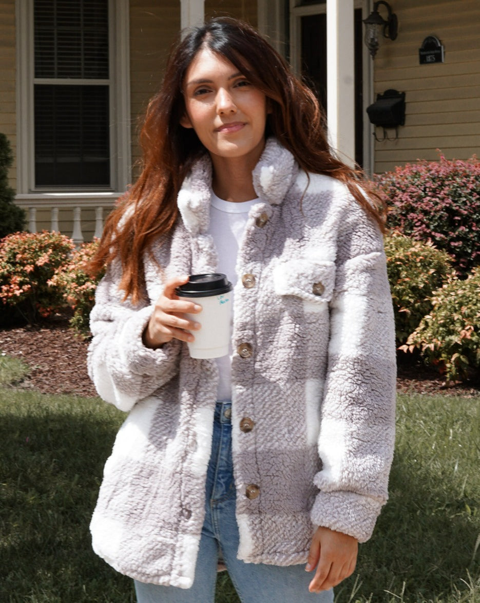 MEROKEETY Plaid Fleece Button Down Sherpa Coat Jacket – Merokeety